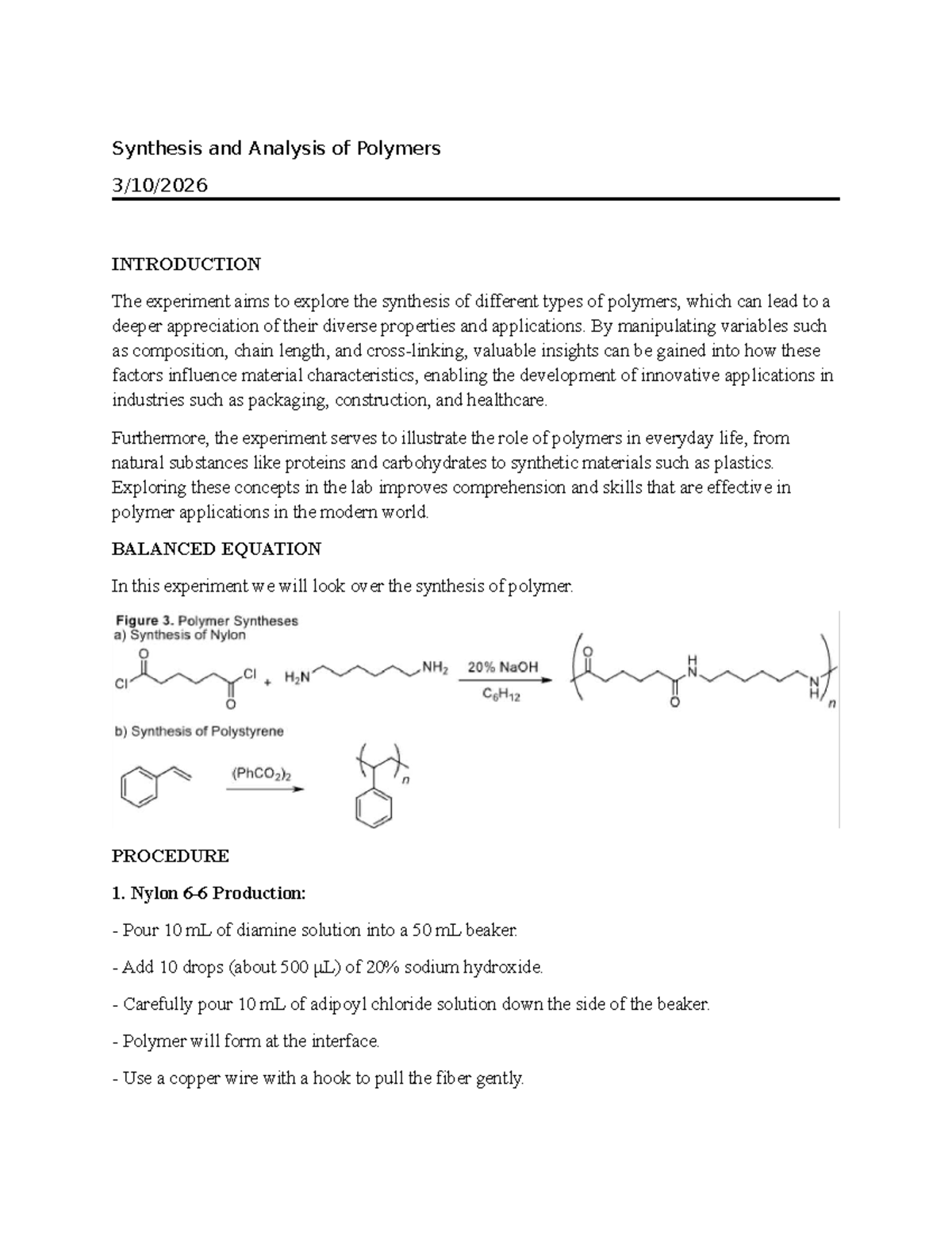 Ochem 2 Prelab 6: Synthesis and Analysis of Polymers Experiment - Studocu