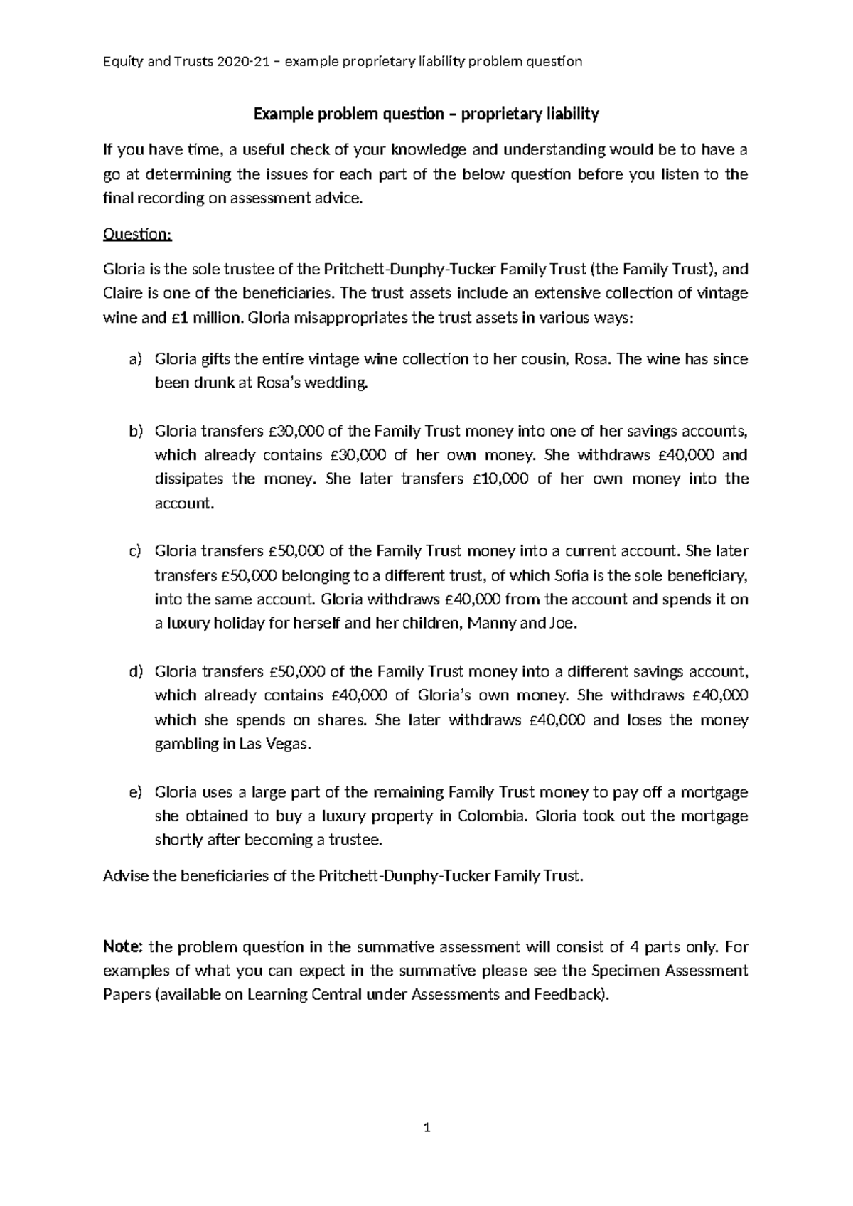 Example problem question - proprietary liability - Equity and Trusts ...