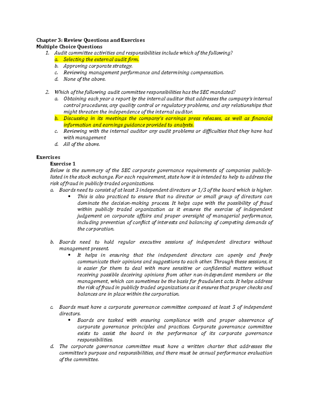 Chapter 3 (Review Qs & Exercises): Audit Committee Governance Insights ...