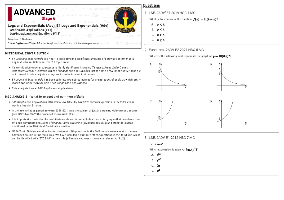 E1 Logs and Exponentials Analysis for Advanced Stage 6 HSC - Studocu