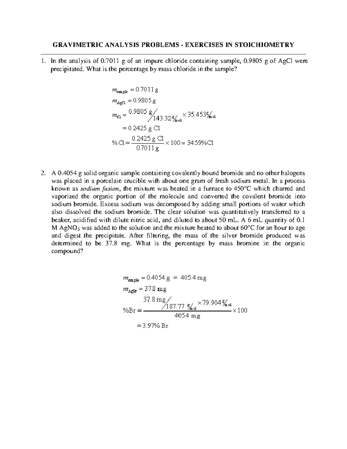 Gravimetric Analysis Problems: Stoichiometry Exercises 1 - Studocu