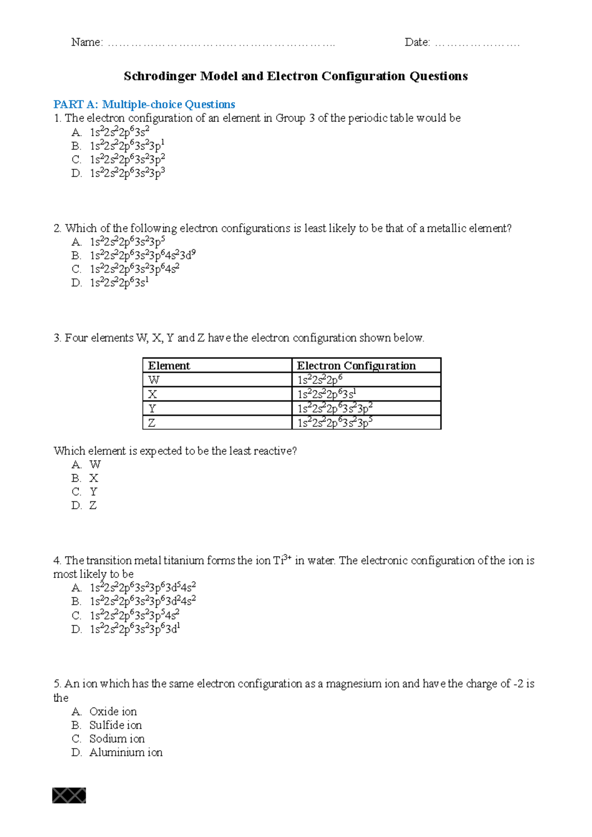Schrodinger and Electron Configuration Worksheet (Chem 101) - Studocu