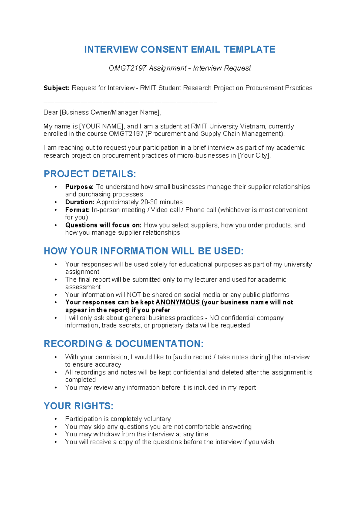 OMGT2197 Interview Consent Email Template for Research Project - Studocu
