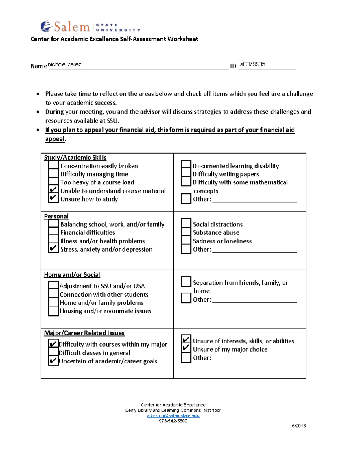 Self-Assessment Worksheet for Academic Success at SSU - Studocu