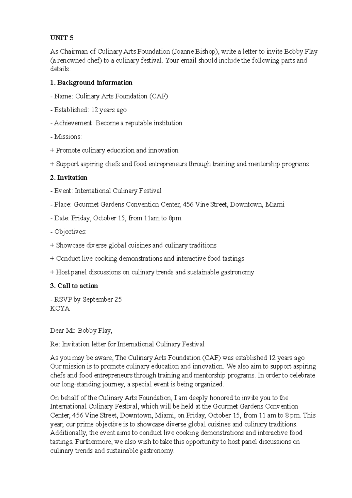 UNIT 5 - Invitation Letter for International Culinary Festival - Studocu