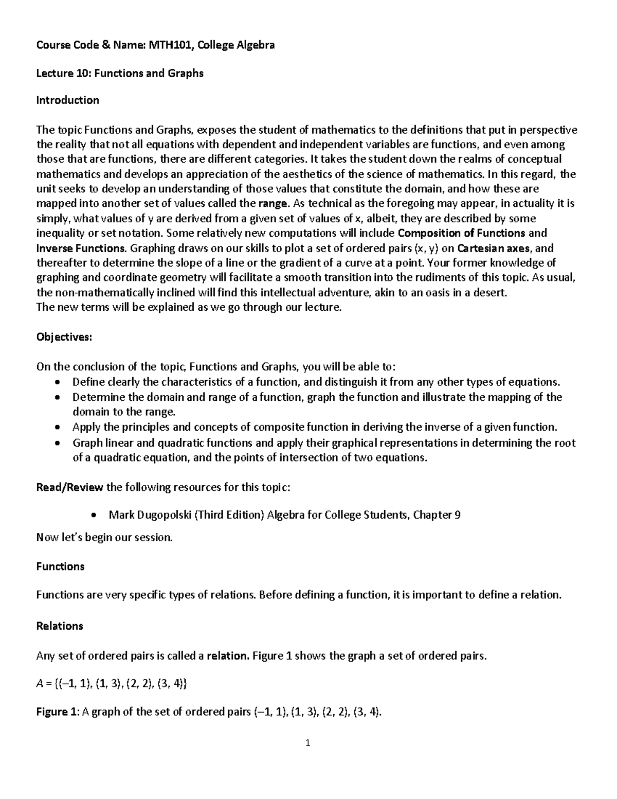 Functions and Graphs - review - Course Code & Name: MTH101, College Algebra Lecture 10 : - Studocu