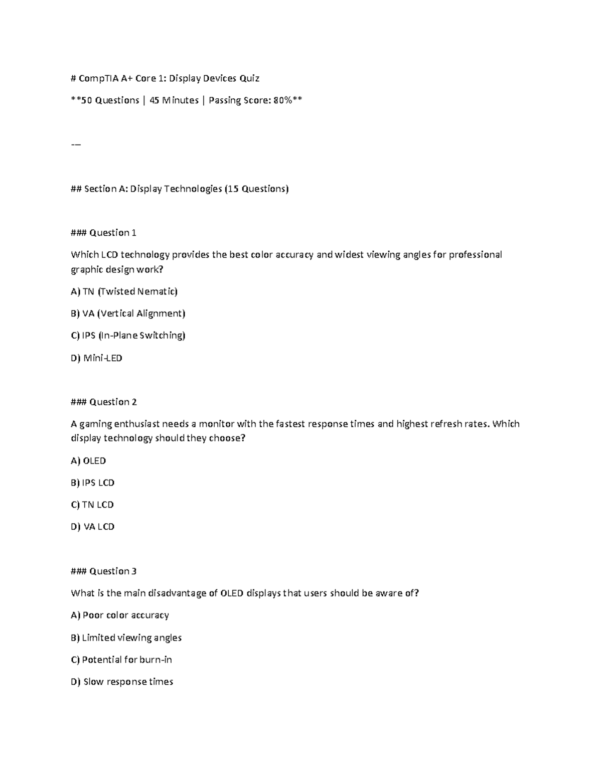 CompTIA A+ Core 1: Display Technologies & Specs Quiz Questions - Studocu