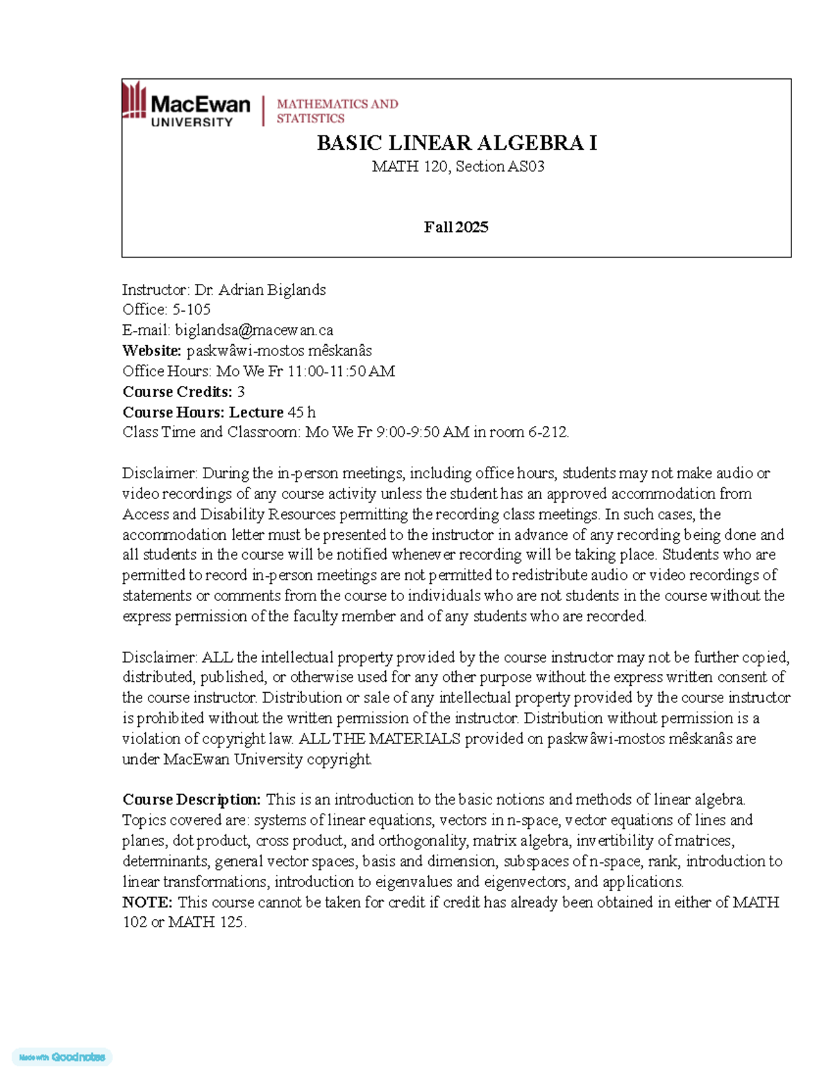 BASIC LINEAR ALGEBRA I MATH 120 Course Outline - Fall 2025 - Studocu