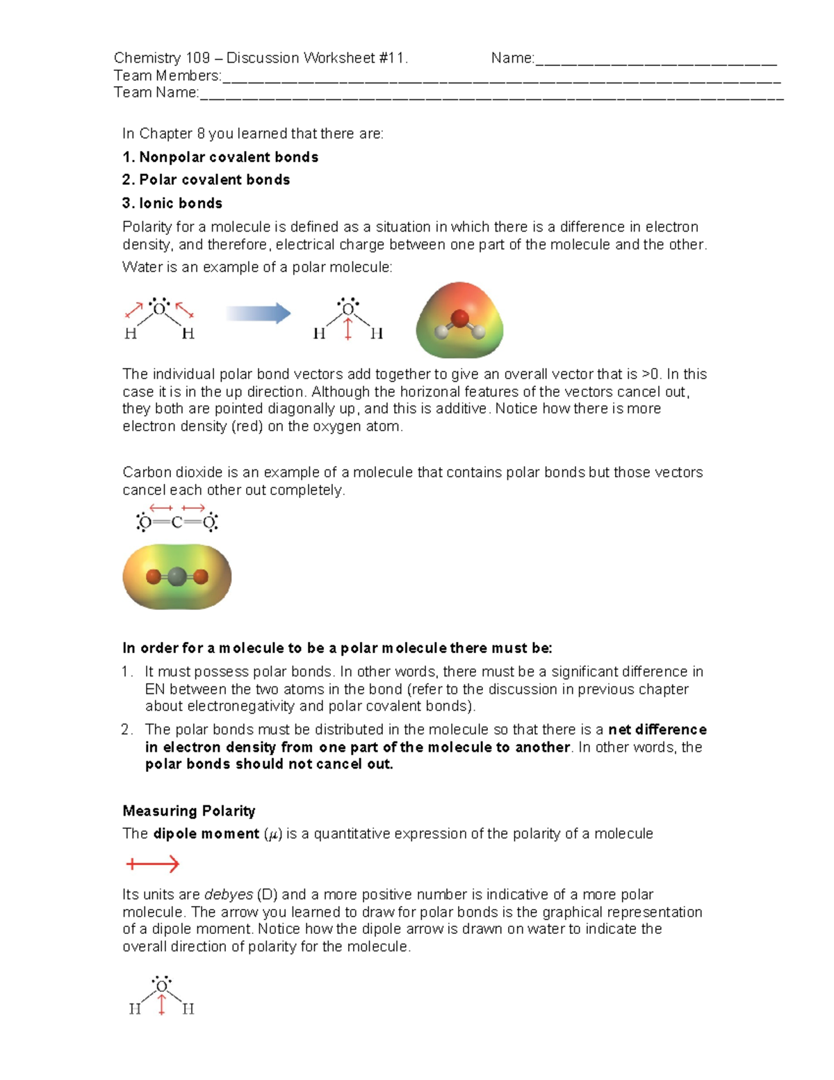 Chemistry 109 - Discussion Worksheet #11: Molecular Shapes & Polarity ...