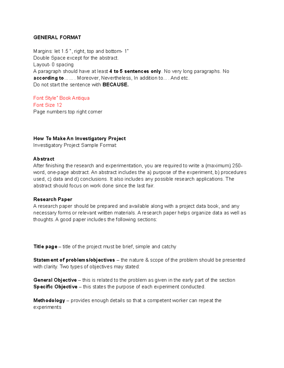 Science Investigatory Project - GENERAL FORMAT Margins: let 1 “, right ...
