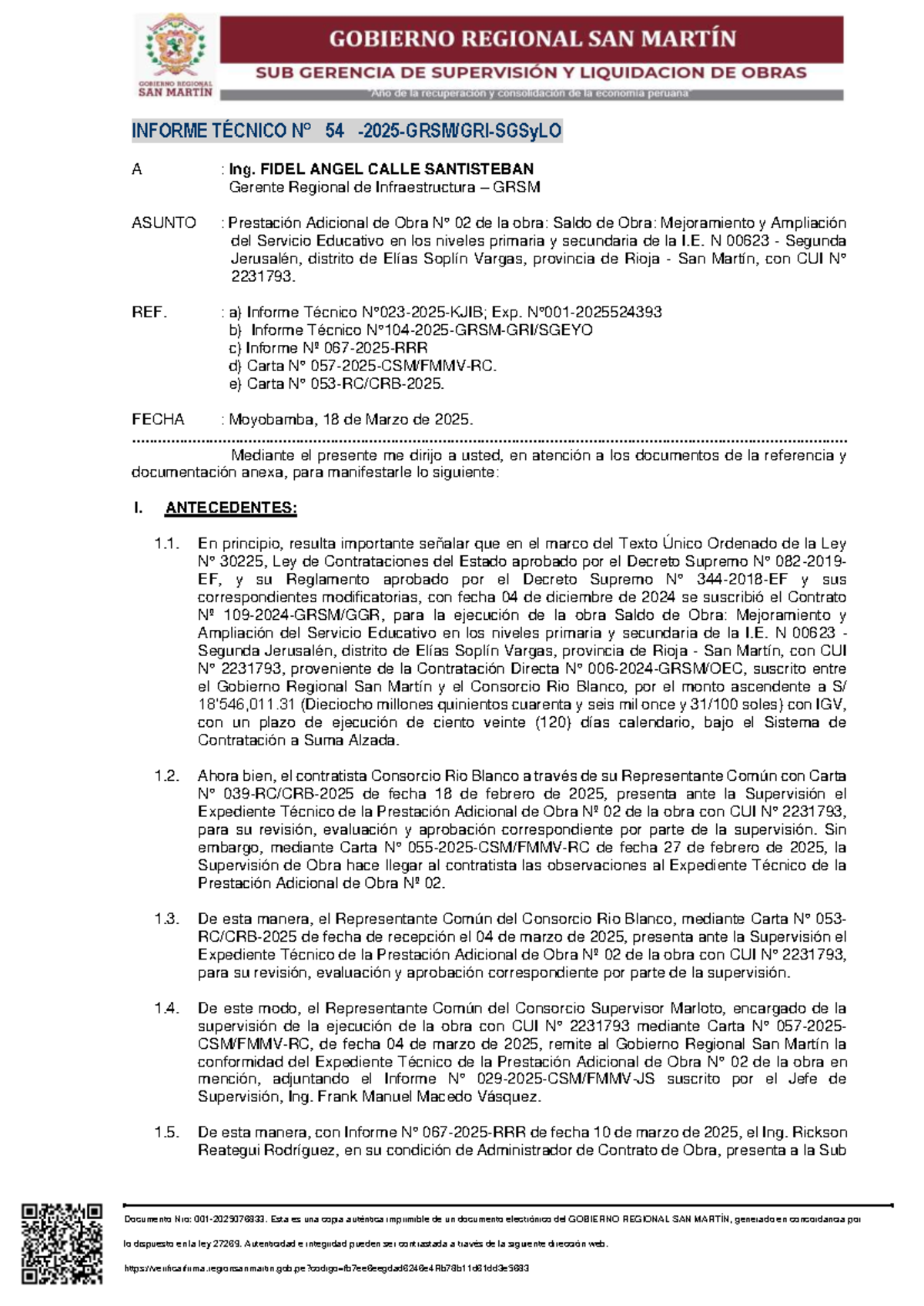 Informe Técnico sobre Prestación Adicional de Obra 02 - CUI 2231793 - Studocu