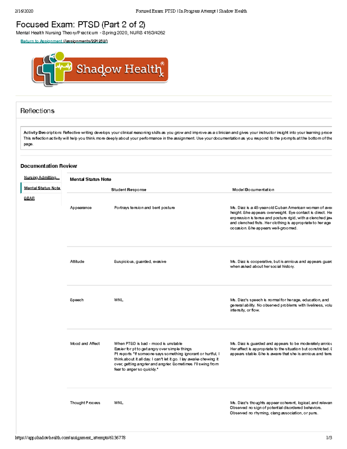 Focused Exam: Mental Status Note on PTSD - NURS 4163, Spring 2020 - Studocu