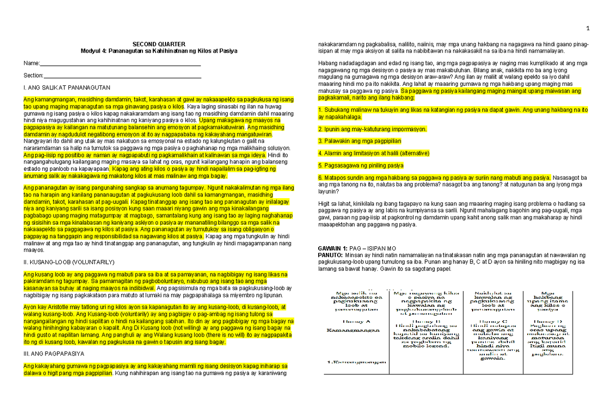 ESP 10 Second Quarter Module 4: Pananagutan at Pagsasagawa ng Pasya - Studocu
