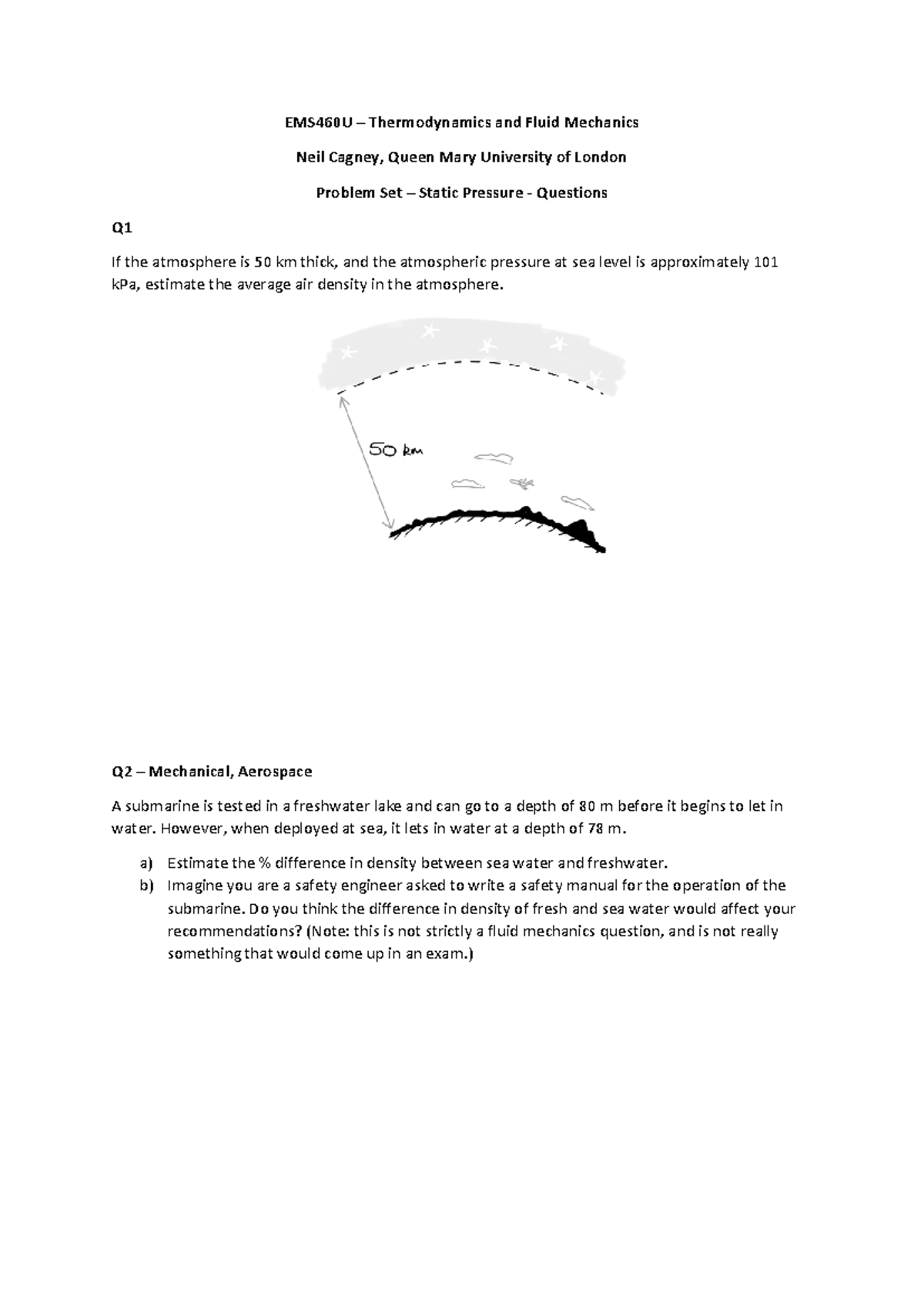 EMS460U – Thermodynamics Pressure Problem Sheet: Week 5 Analysis - Studocu