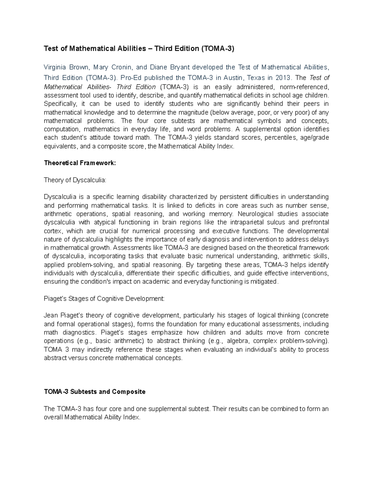 Psych Assessment -2 - Notes - Test of Mathematical Abilities – Third ...