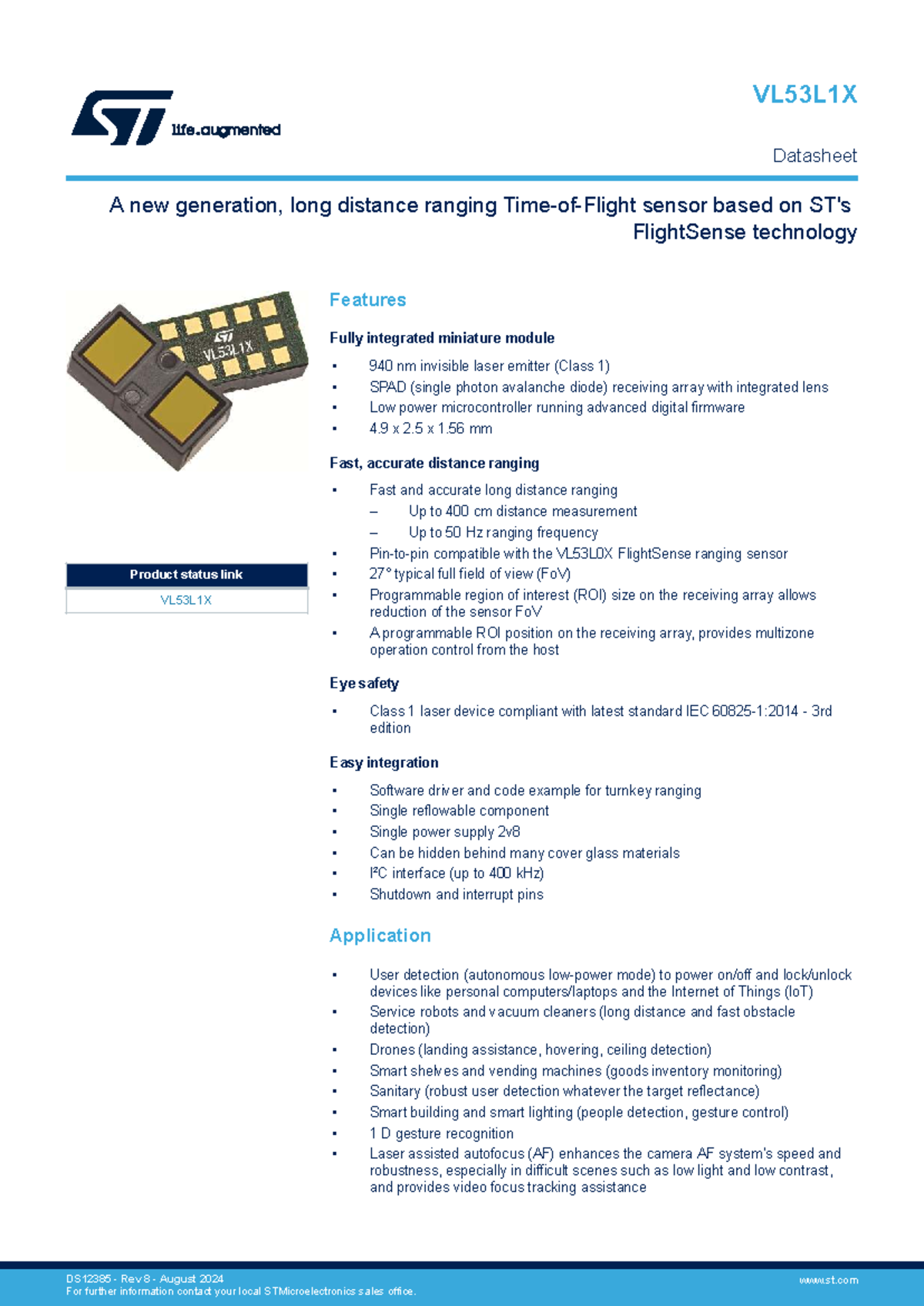 VL53L1X Datasheet: Advanced Long-Distance Ranging Sensor Features - Studocu