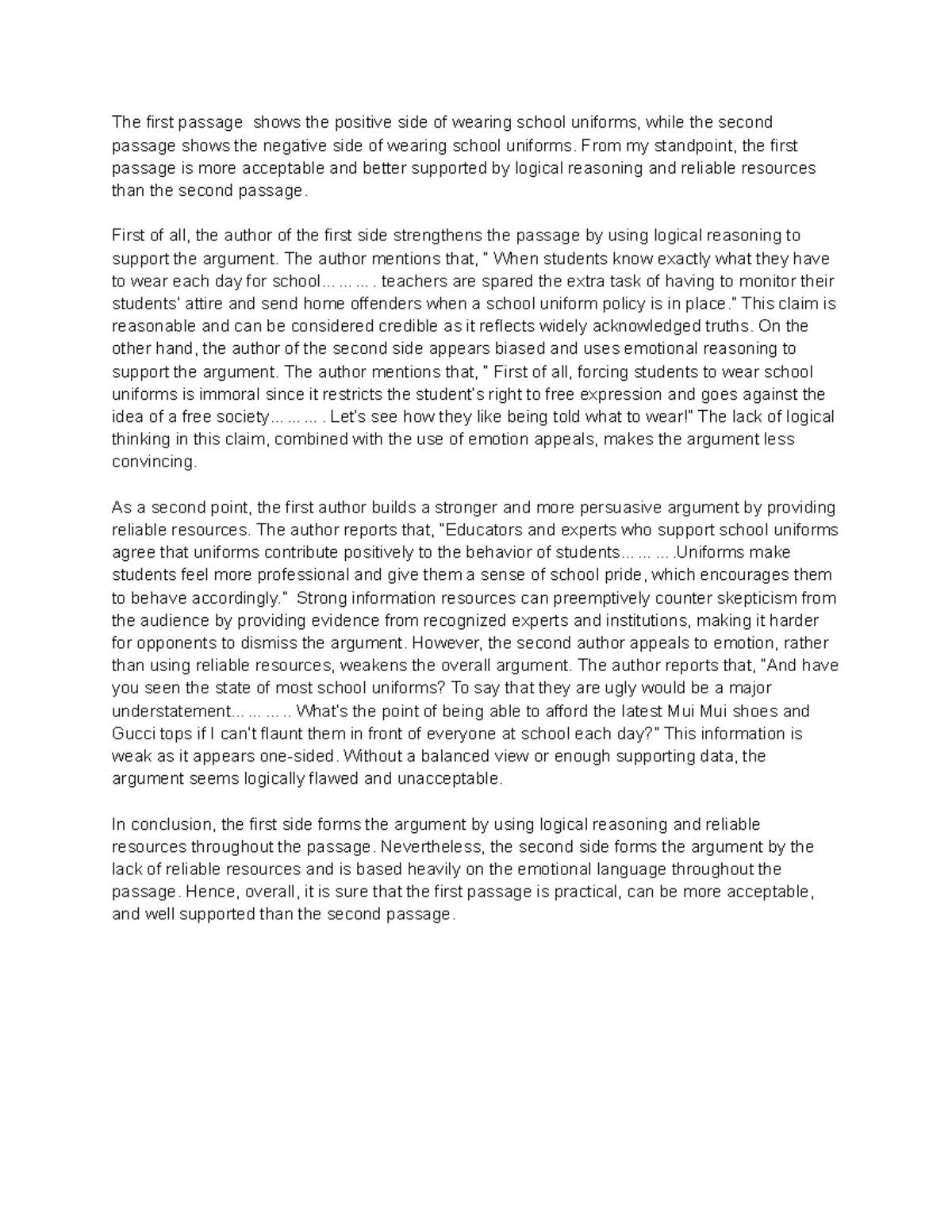 ENG 101: Extended Response on School Uniforms Debate - Studocu