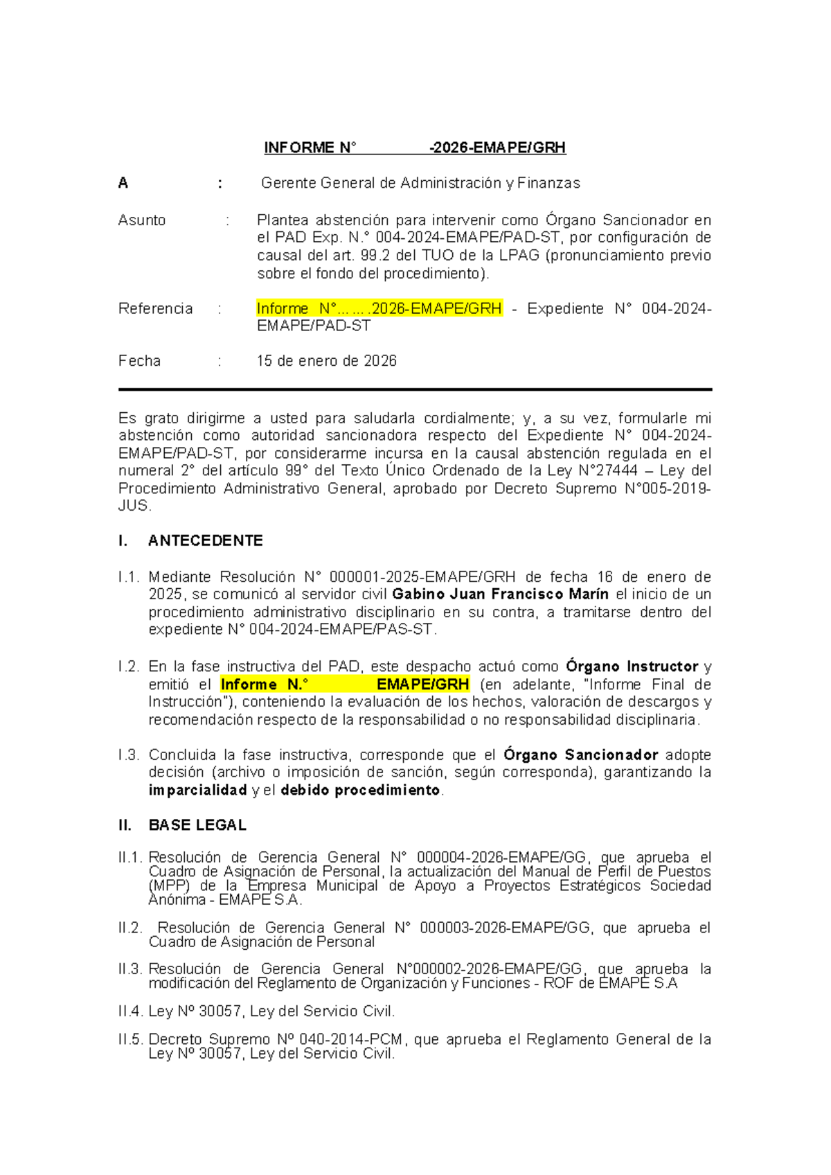 Informe de Abstención en el PAD Exp. 004-2024-EMAPE-ST - Studocu