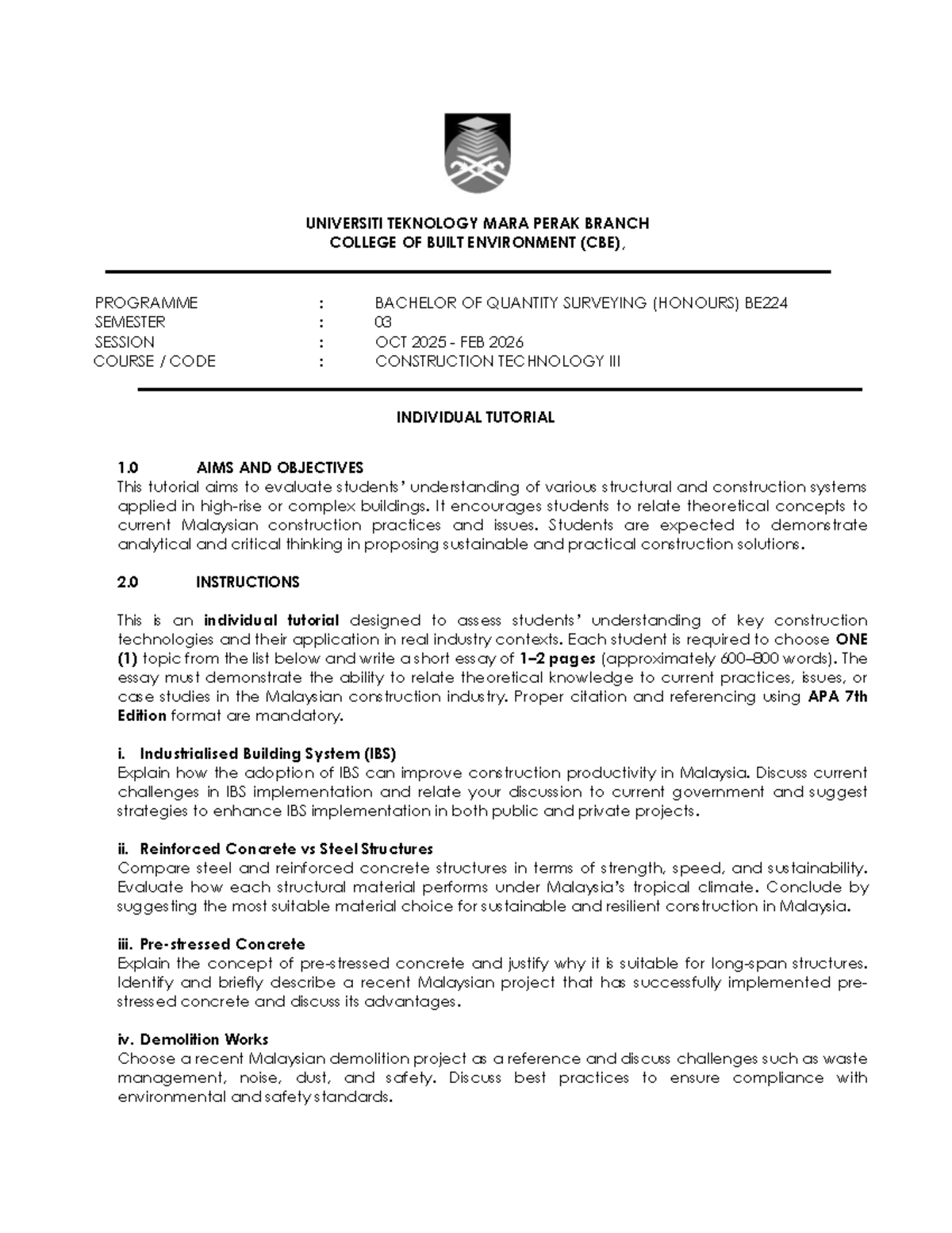 BQS501 Tutorial: Construction Technology Insights (Oct 2025 - Feb 2026 ...