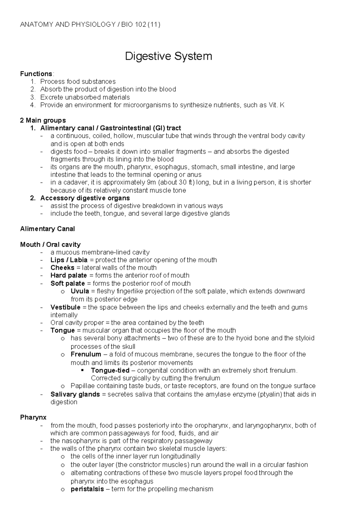 BIO 102 (11) Final Exam Notes: Digestive System Functions and Anatomy ...