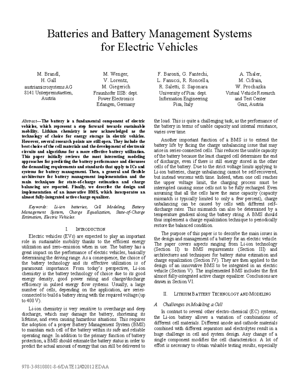 EDAA 2012: Battery Management Systems for Electric Vehicles - Studocu