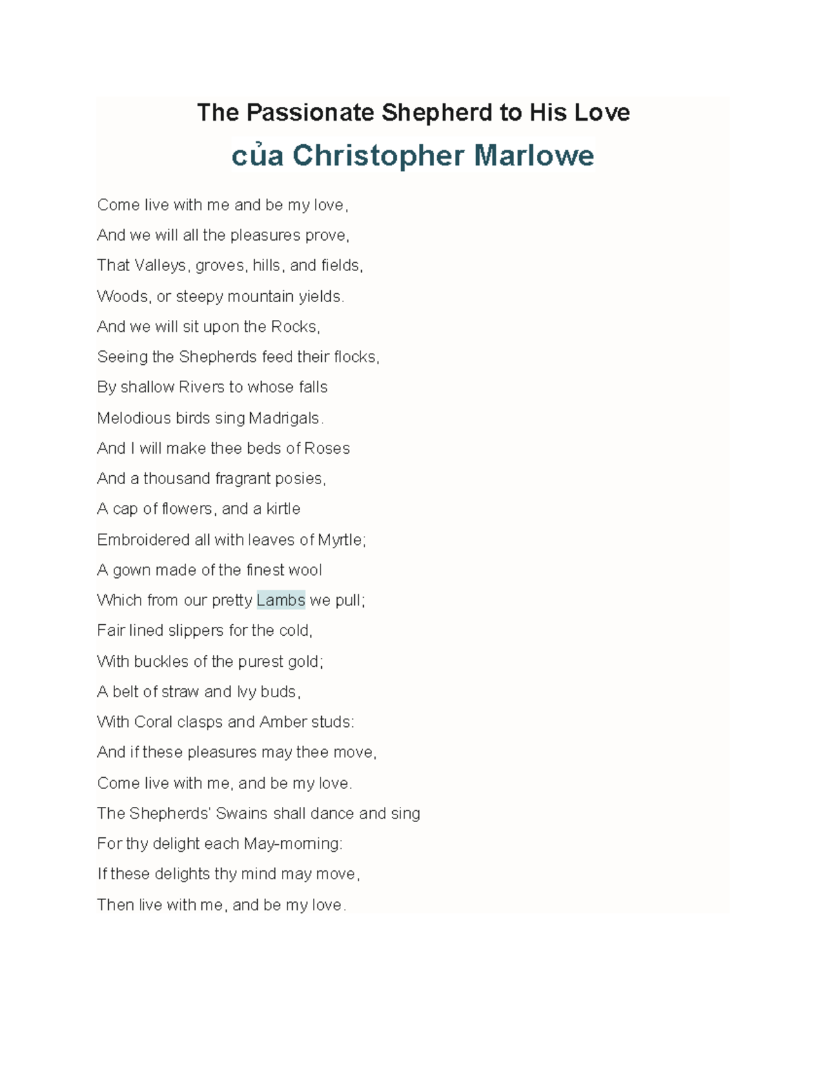 Passionate Shepherd to His Love: Analysis and Themes (ENG 101) - Studocu