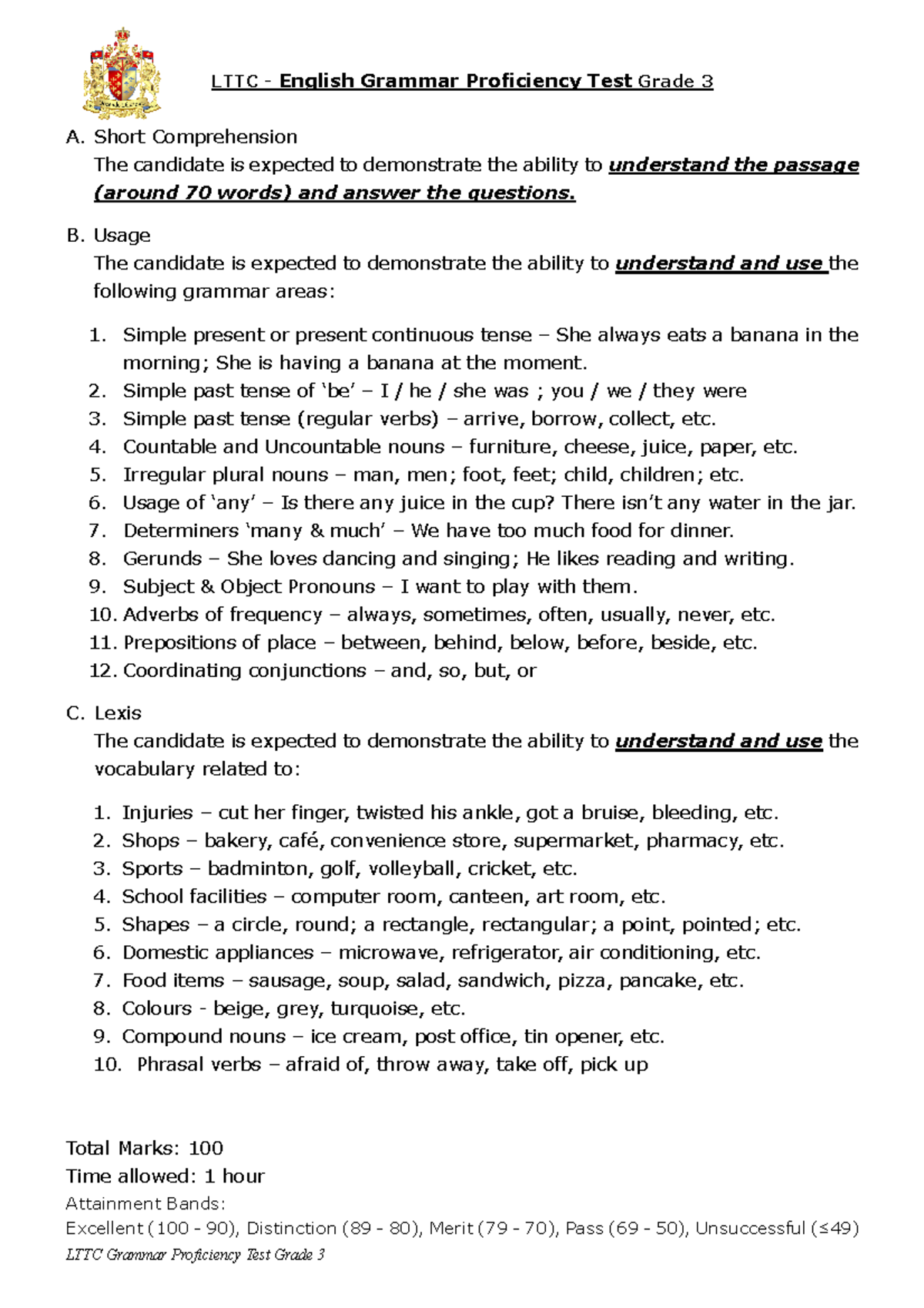 167 LTTC Grade 3 English Grammar Proficiency Test Sample - Studocu