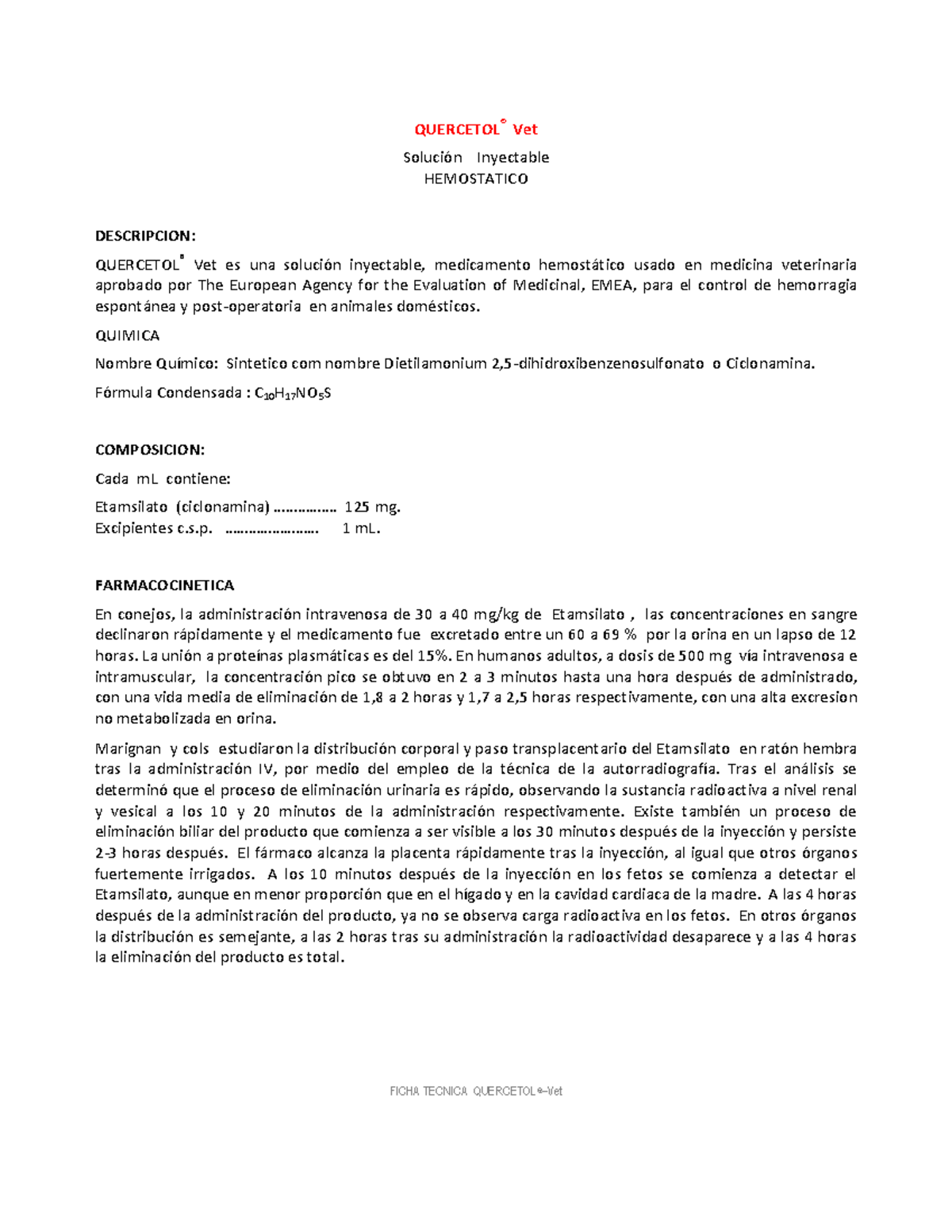 Quercetol - Descripción de fármaco - QUERCETOL® Vet Solución Inyectable ...