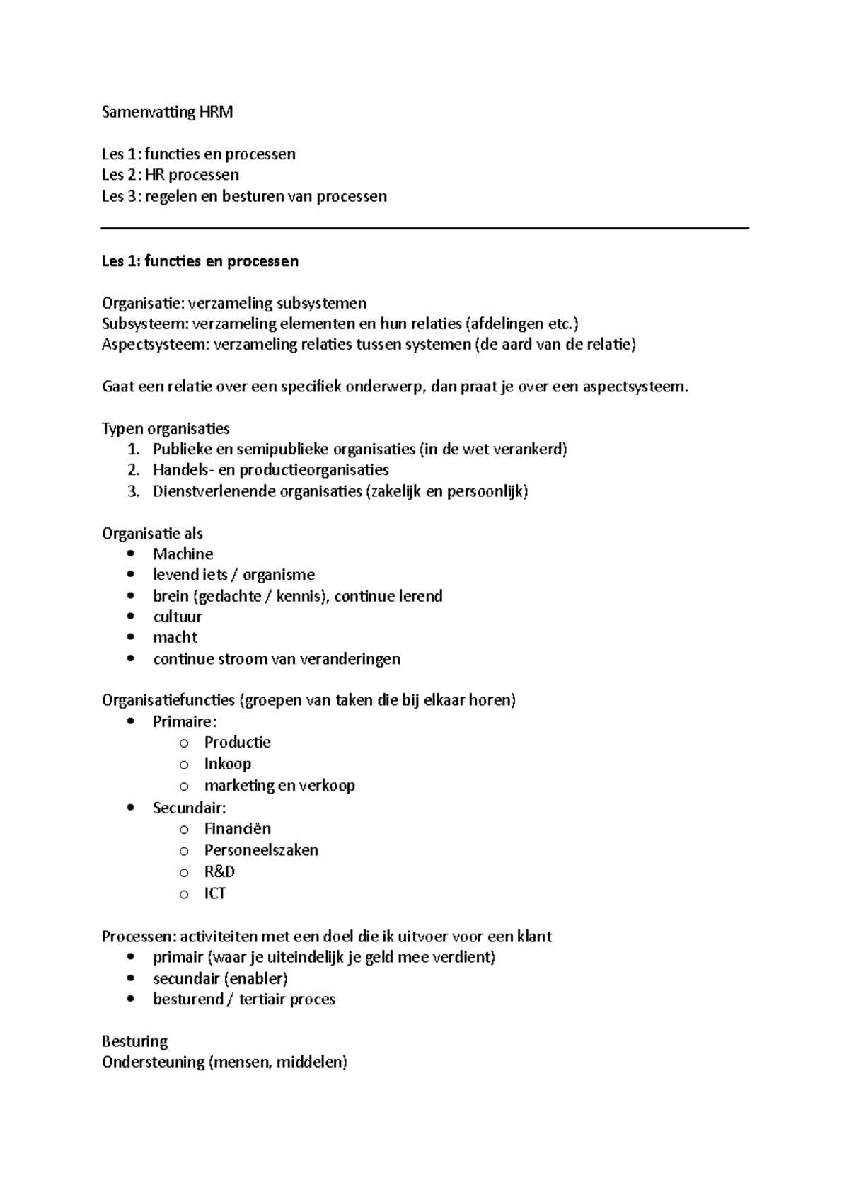 Samenvatting HRM Processen Les 1-2: Functies en HR Processen - Studeersnel