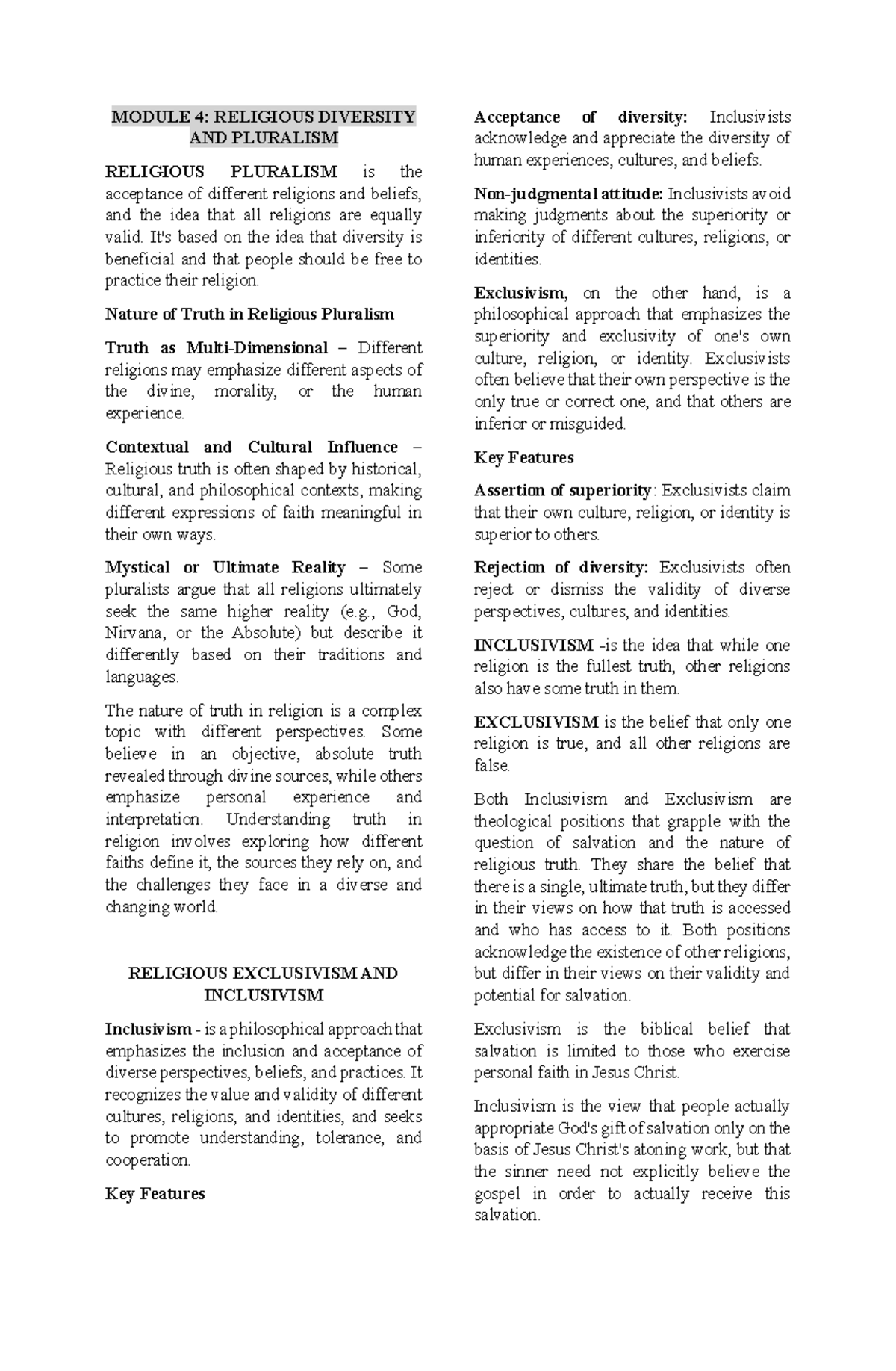 Religious Diversity and Pluralism - MODULE 4: RELIGIOUS DIVERSITY AND ...