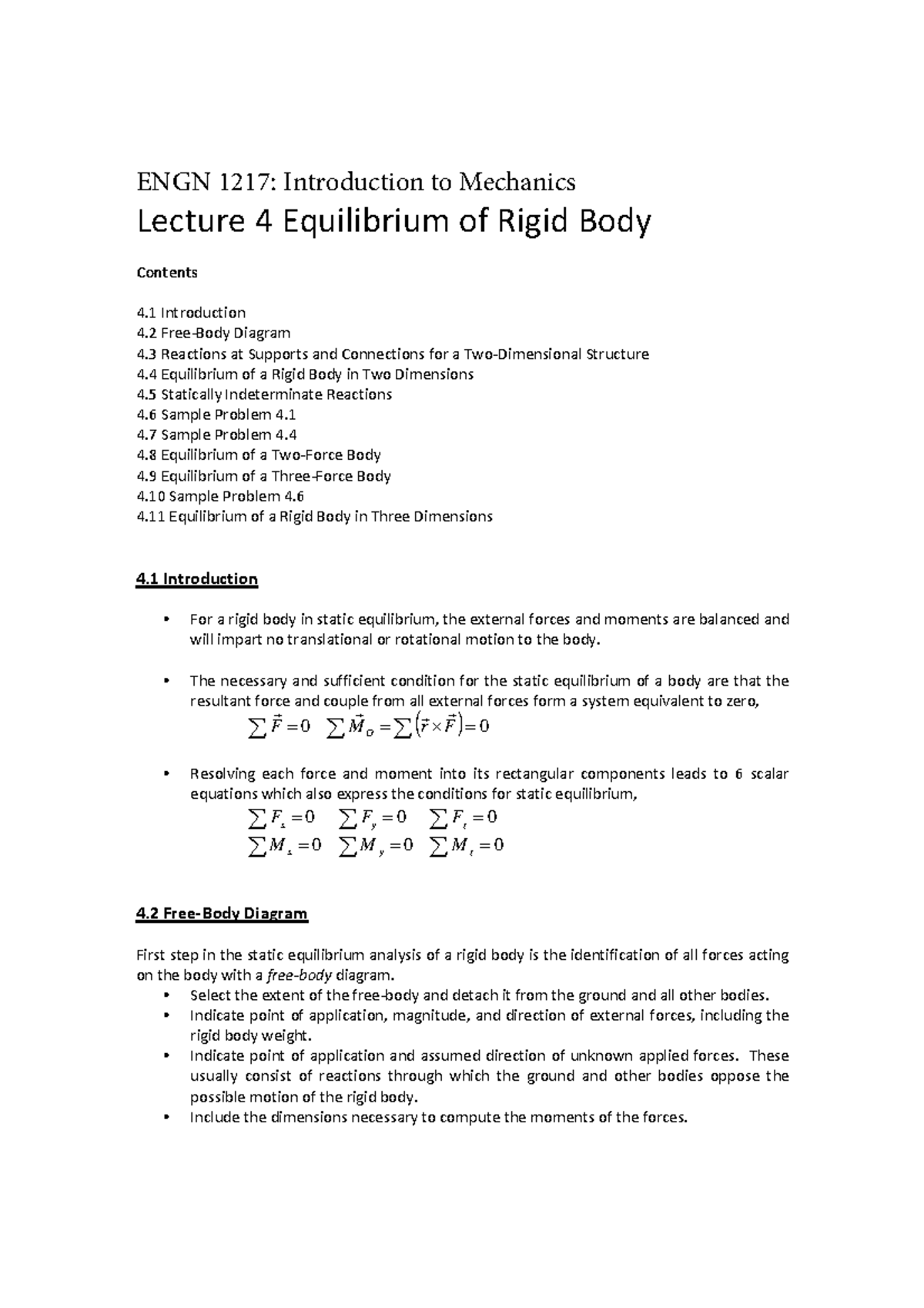 Lecture 04 - Equilibrium of Rigid Body - ENGN 1217: Introduction to Mechanics Lecture 4 ...