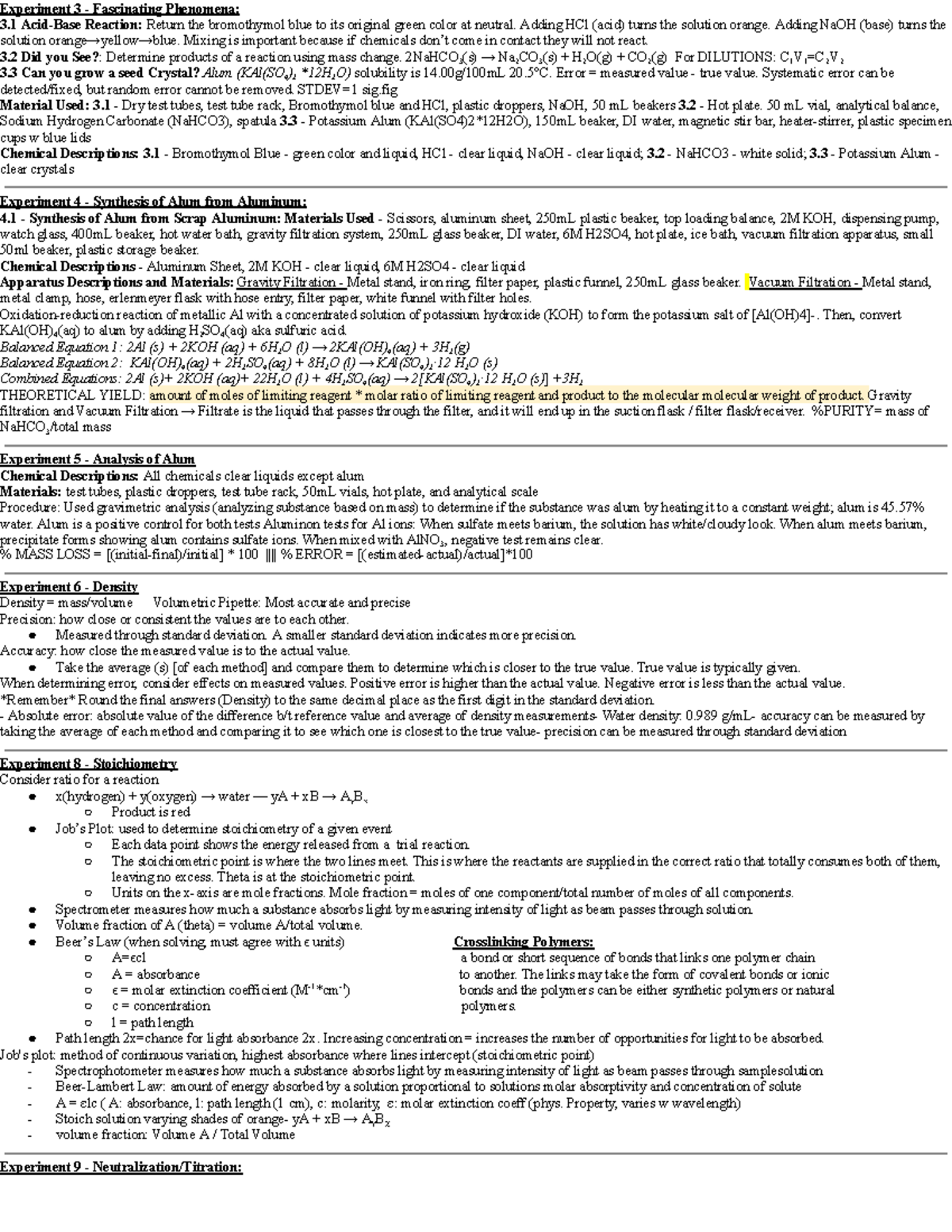CHEM 150L Cheat Sheet - Experiment 3 - Fascinating Phenomena: 3 Acid ...
