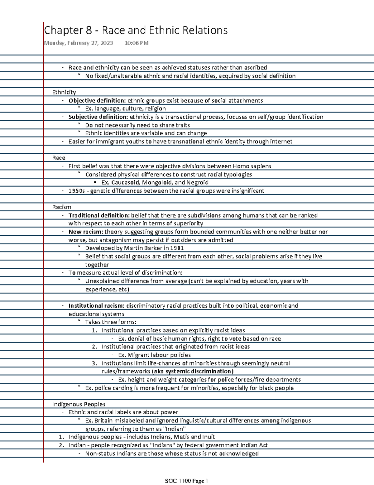 Chapter 8 - Race and Ethnic Relations Notes - Race and ethnicity can be ...