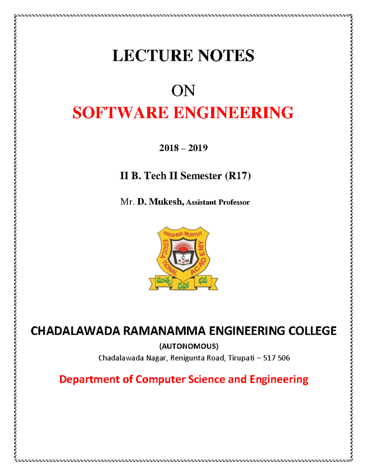 Software Engineering Lecture Notes - II B.Tech II Sem (R17) - Studocu
