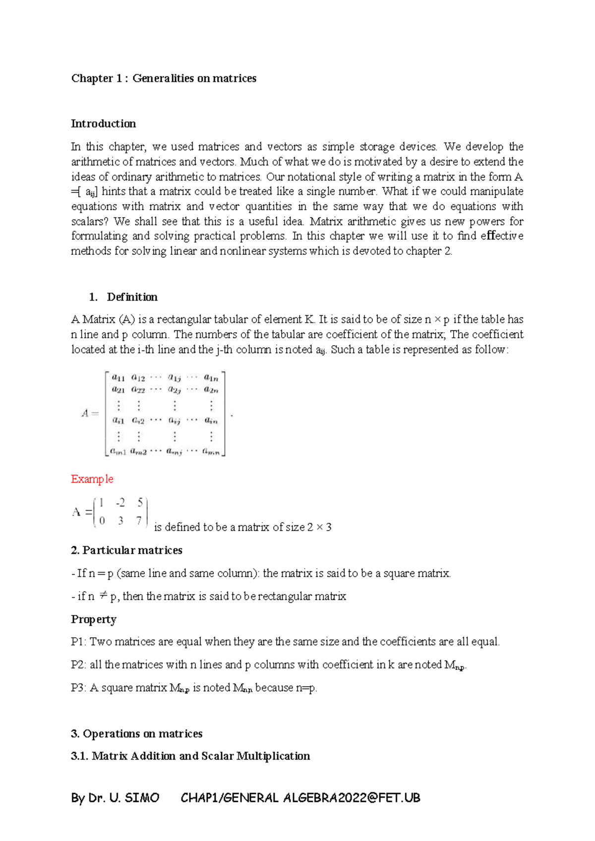 MATH101 Chapter 1: Introduction to Matrices and Operations - Studocu