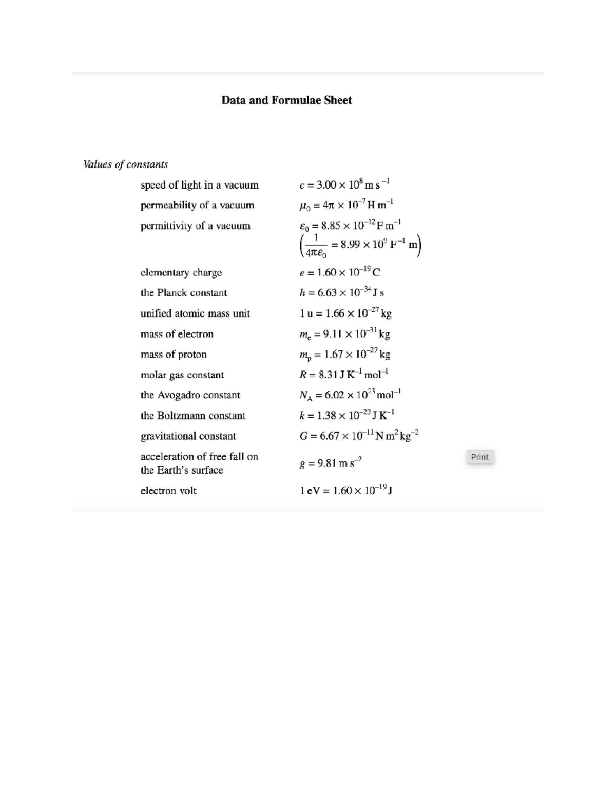 Physics 4: Constants and Formulae Reference Sheet - Studocu