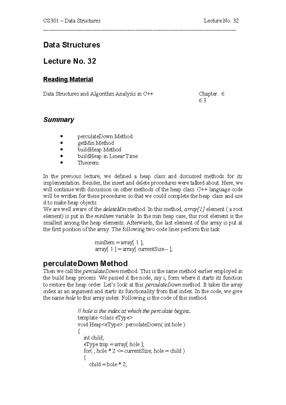 CS301 Data Structures Lecture 32: Heap Methods Overview - Studocu