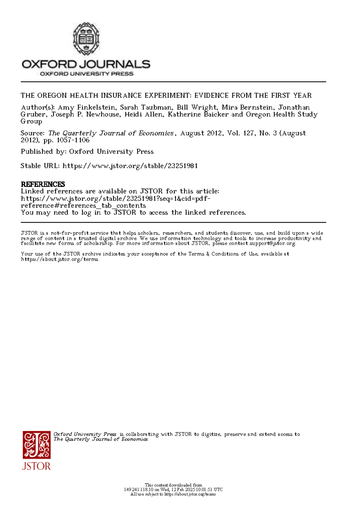 Oregon Health Insurance Experiment (OHP) Year 1 Evidence Analysis - Studocu