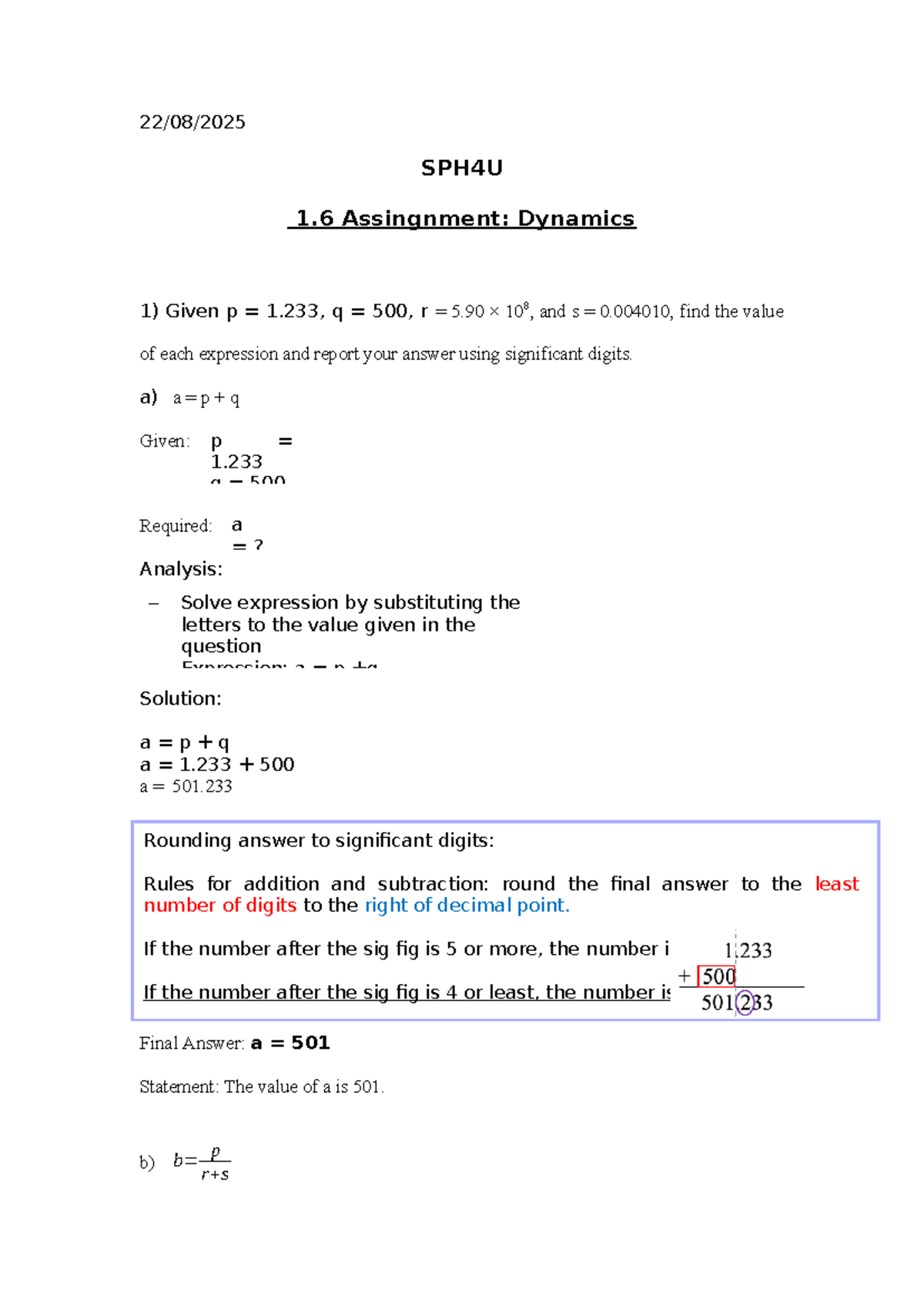 SPH4U 1.6 Assignment: Dynamics and Significant Figures Analysis - Studocu
