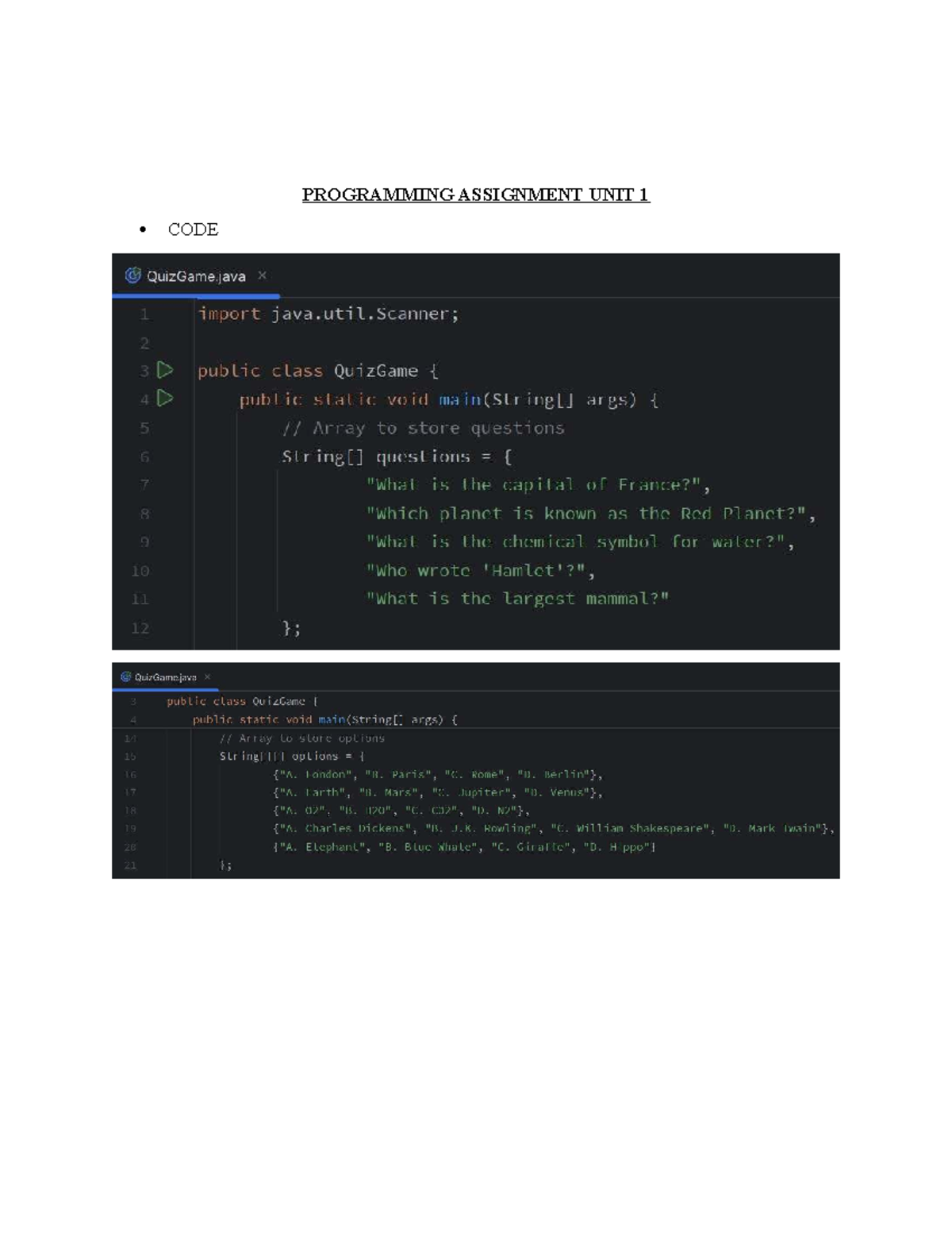 Programming Assignment UNIT 1: Java Quiz Game Code Explanation - Studocu