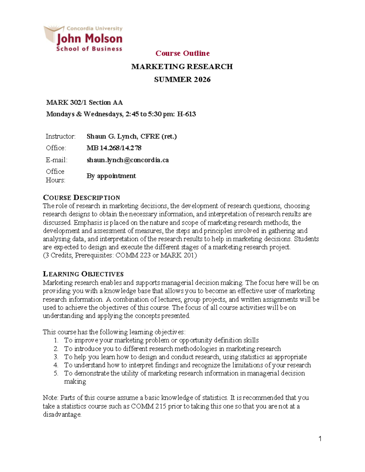 Course Outline: MARK 202 - Marketing Research Summer 2026 - Studocu