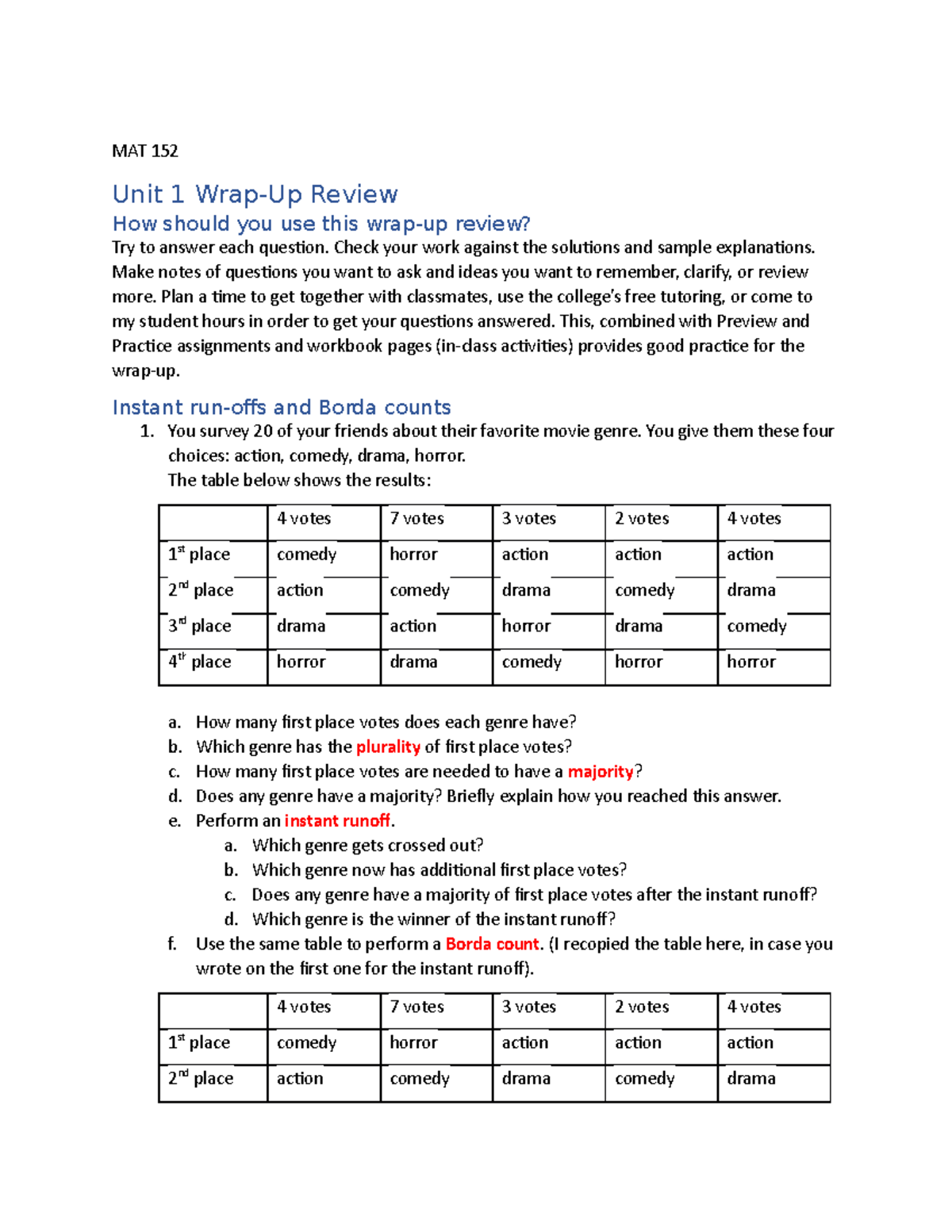Copy of Unit1Review - math - MAT 152 Unit 1 Wrap-Up Review How should ...