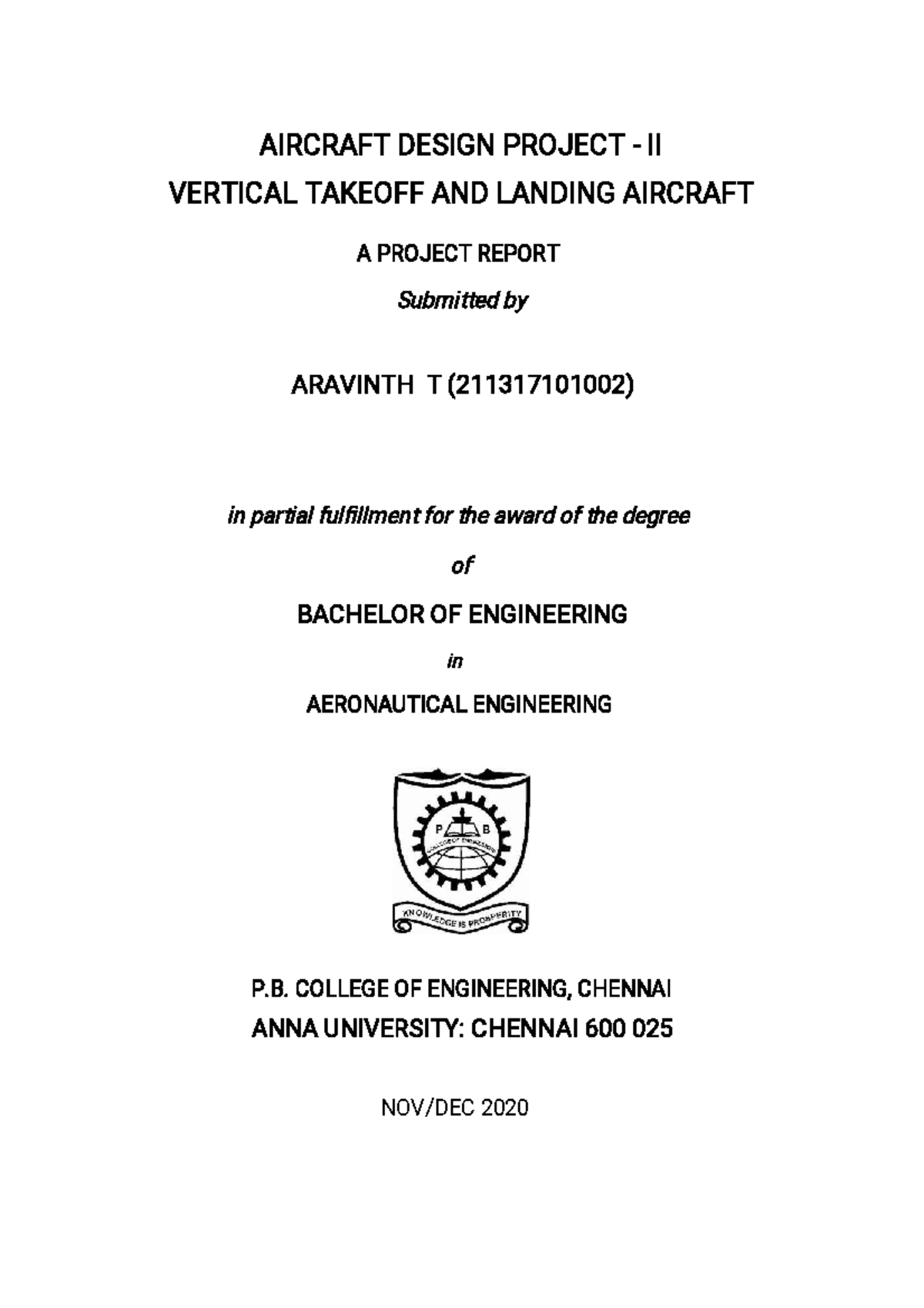 VTOL Aircraft Design Project - II (ADP 2) Report by Aravinth T - Studocu