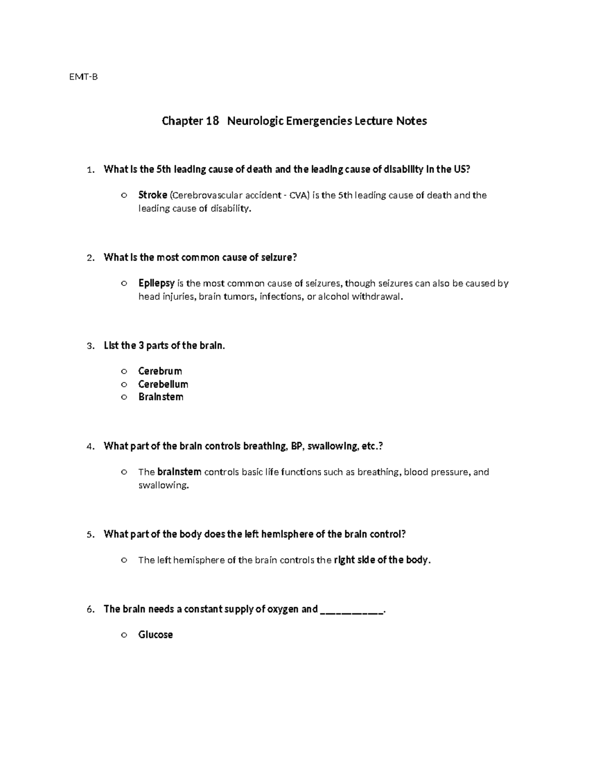 EMT-B Chapter 18: Neurologic Emergencies Lecture Notes Summary - Studocu