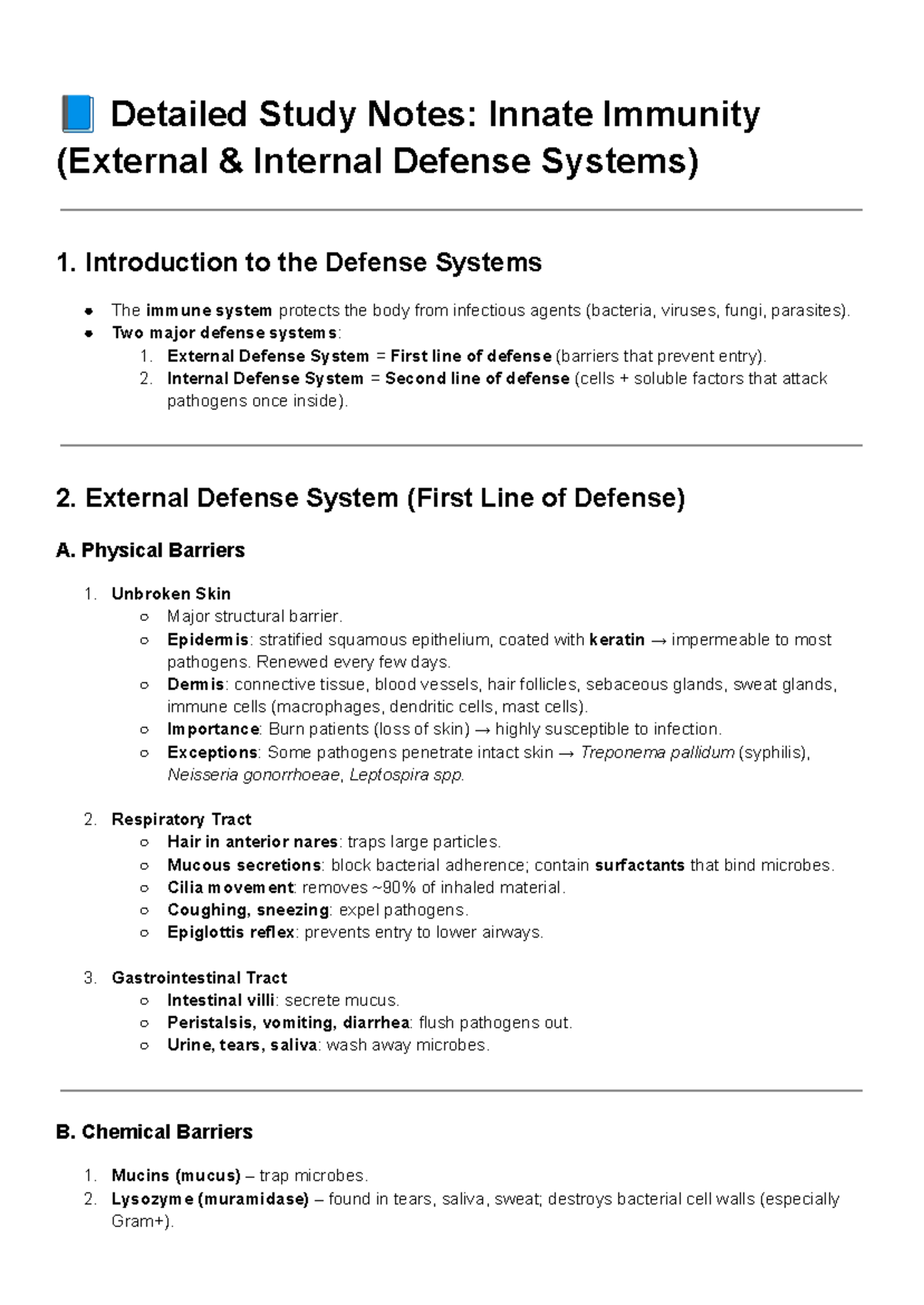 📘 Detailed Study Notes: Innate Immunity (External & Internal Defense ...