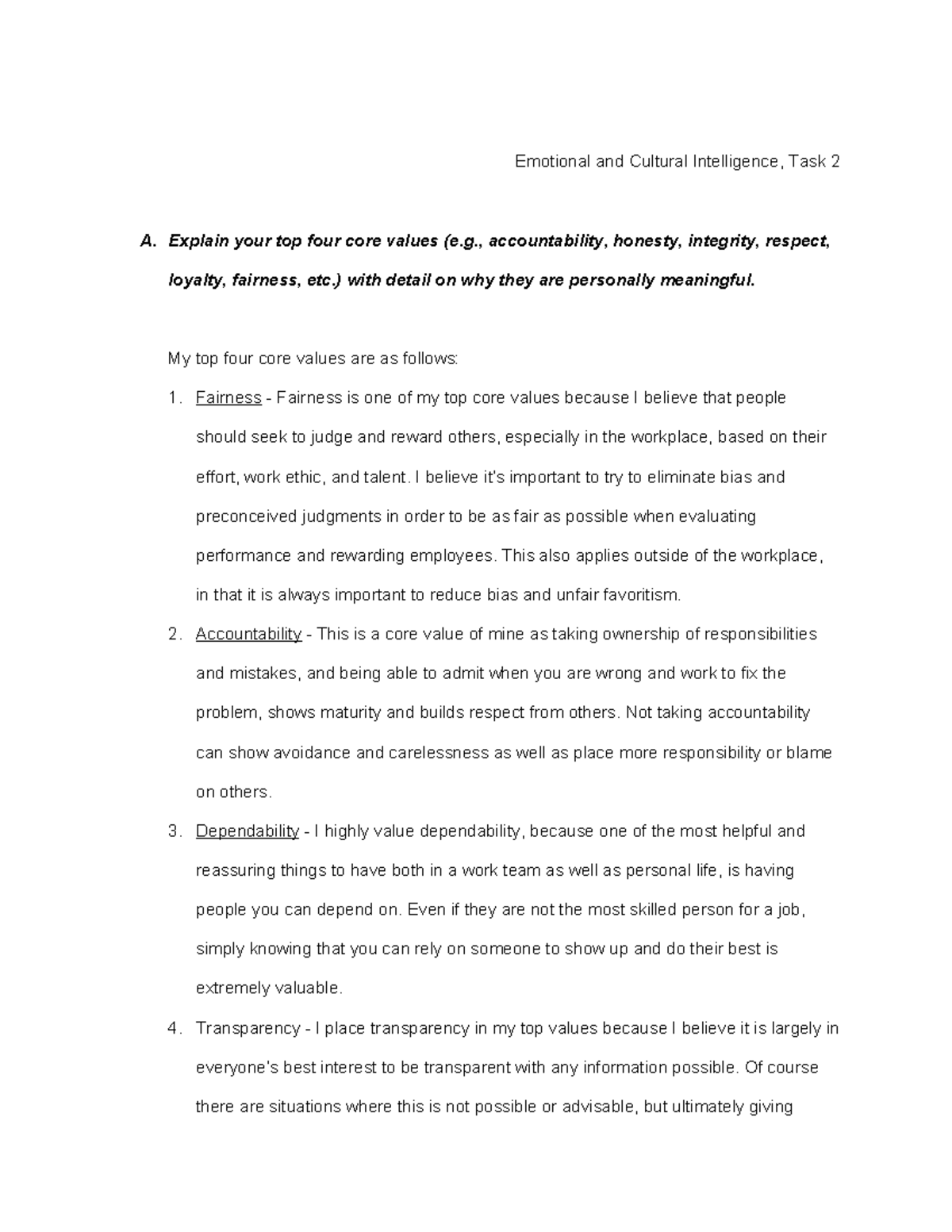 D082 Task 2 - Core Values & Their Alignment with Social Responsibility - Studocu