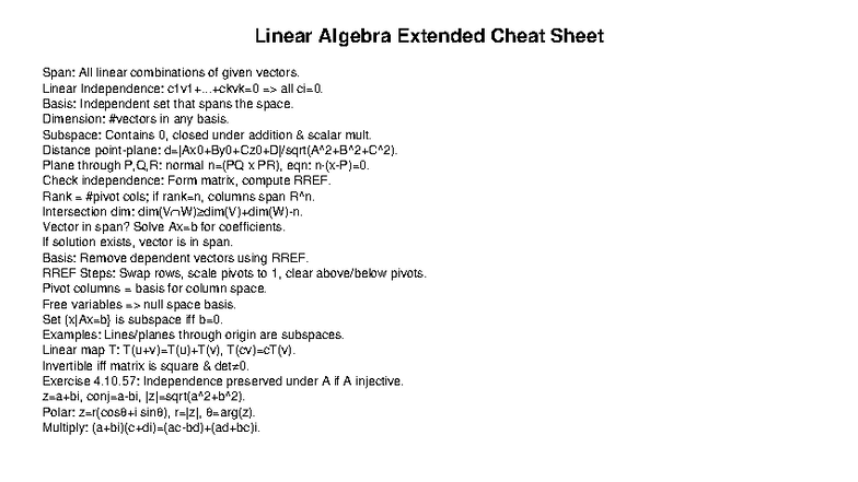 Linear Algebra Cheat Sheet (Extended) - Key Concepts & RREF - Studocu