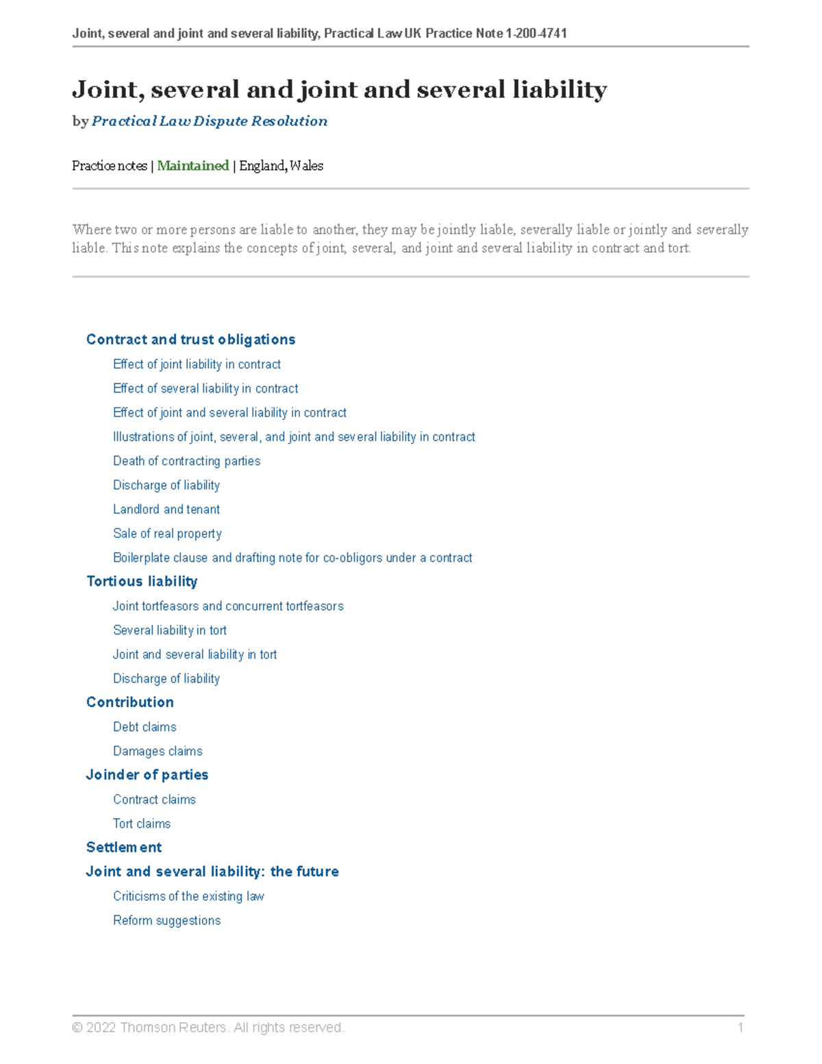 Guide to Joint, Several, and Joint & Several Liability (Practical Law ...