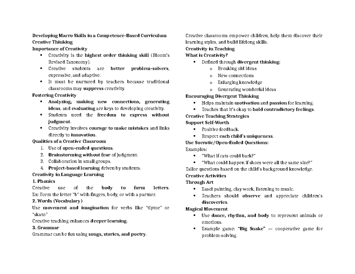 Developing Macro Skills in Curriculum: Fostering Creativity and Writing - Studocu