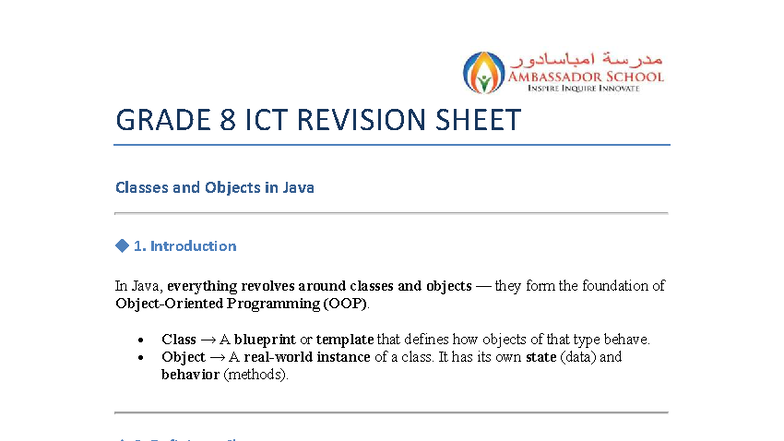 Grade 8 SA2 Revision Sheet - GRADE 8 ICT REVISION SHEET Classes and Objects in Java 🔷 1. - Studocu